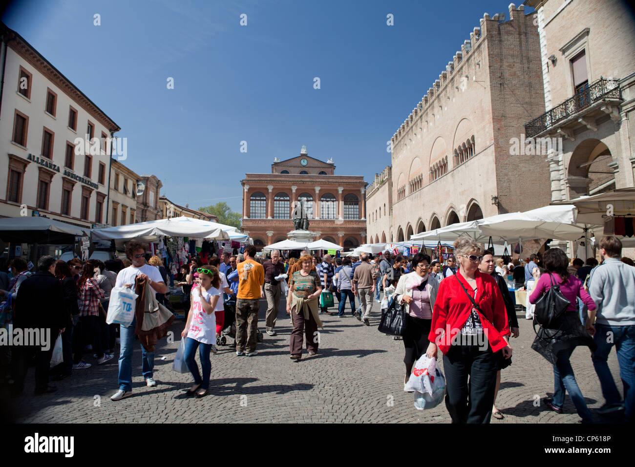 Market place in Rimini, Italy. Cavour square full of market stalls ...