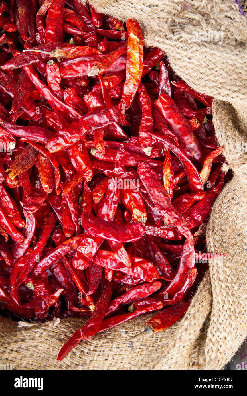 India, Kerala, Dried red chilly in sack at market, close up Stock Photo ...