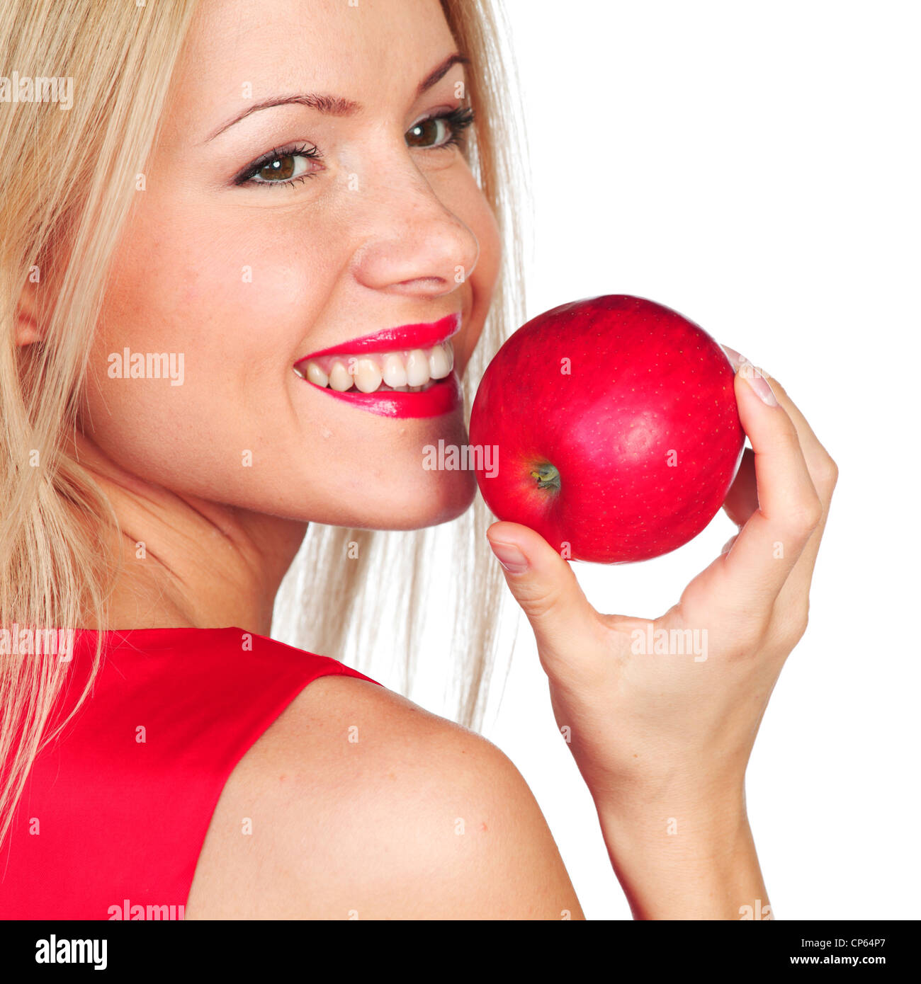 woman eat red apple on white Stock Photo - Alamy