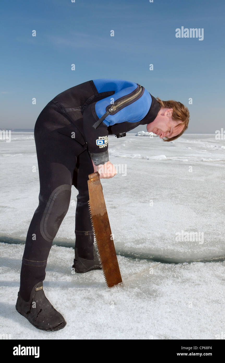 Diver, subglacial diving, ice diving, in the frozen Black Sea, a rare ...