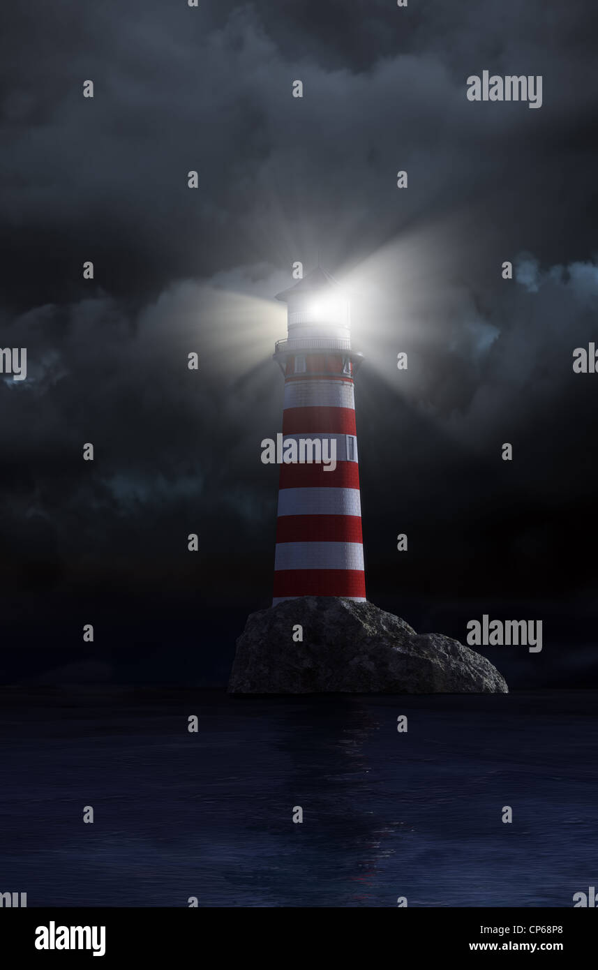 Night view of a red and white old lighthouse Stock Photo - Alamy