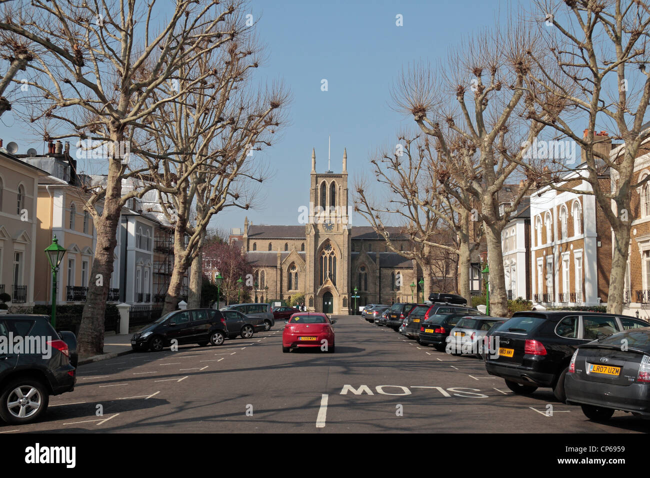 General view along Addison Avenue W11 towards St James Norland Church ...