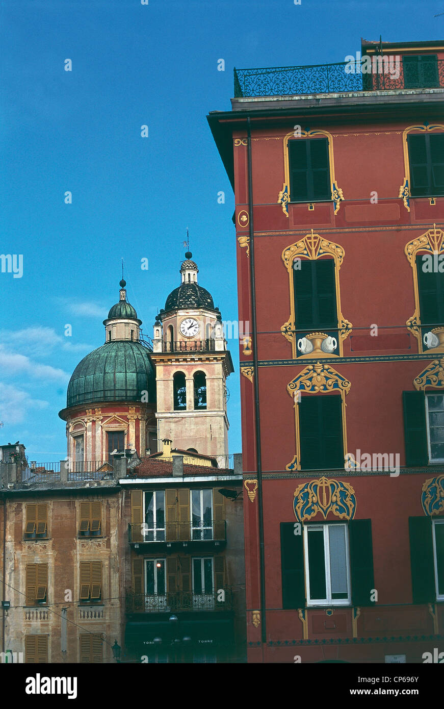 Liguria - Chiavari (Ge). Typical building. In the background the bell ...