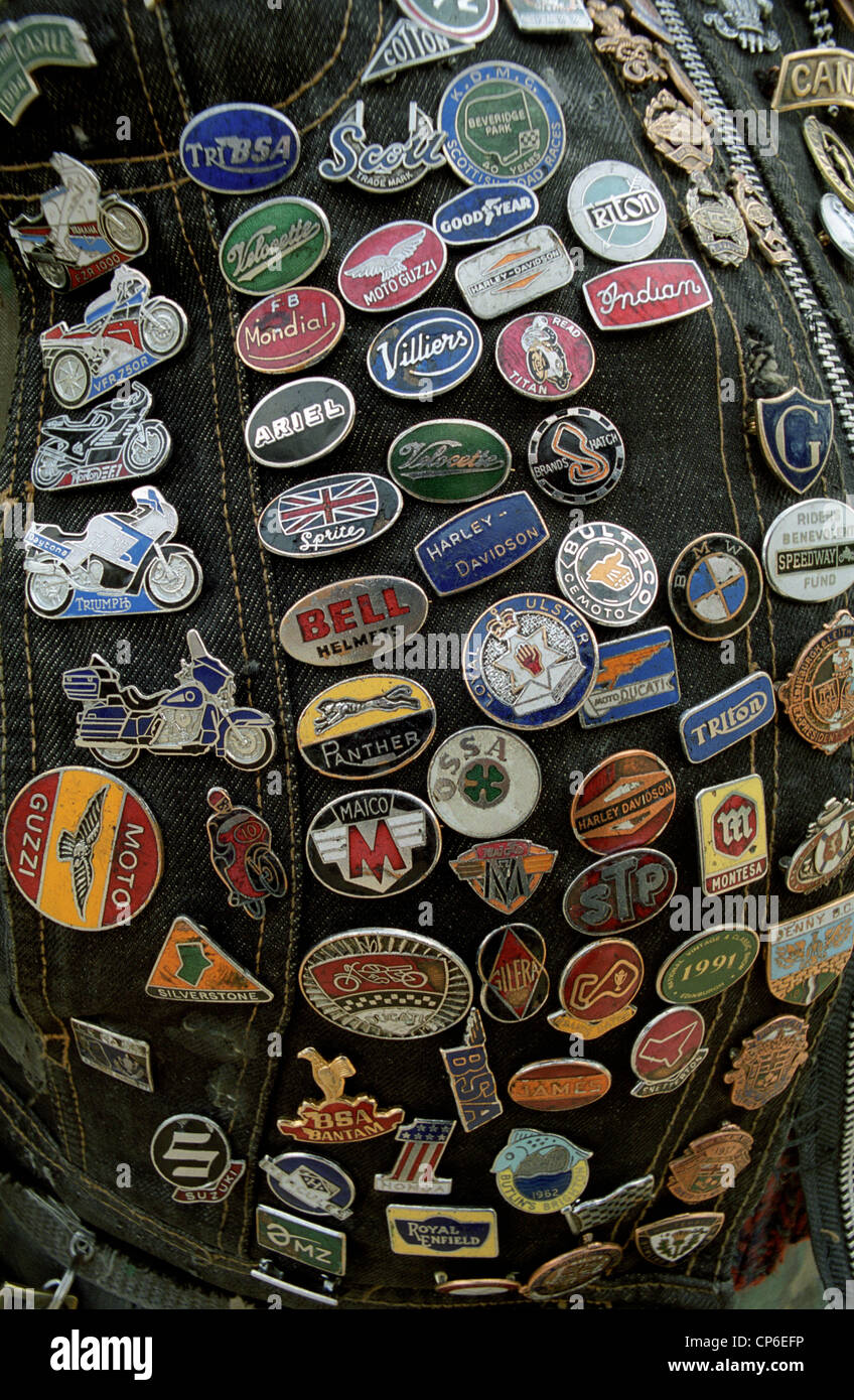 Motorbike badges on a jacket Stock Photo - Alamy