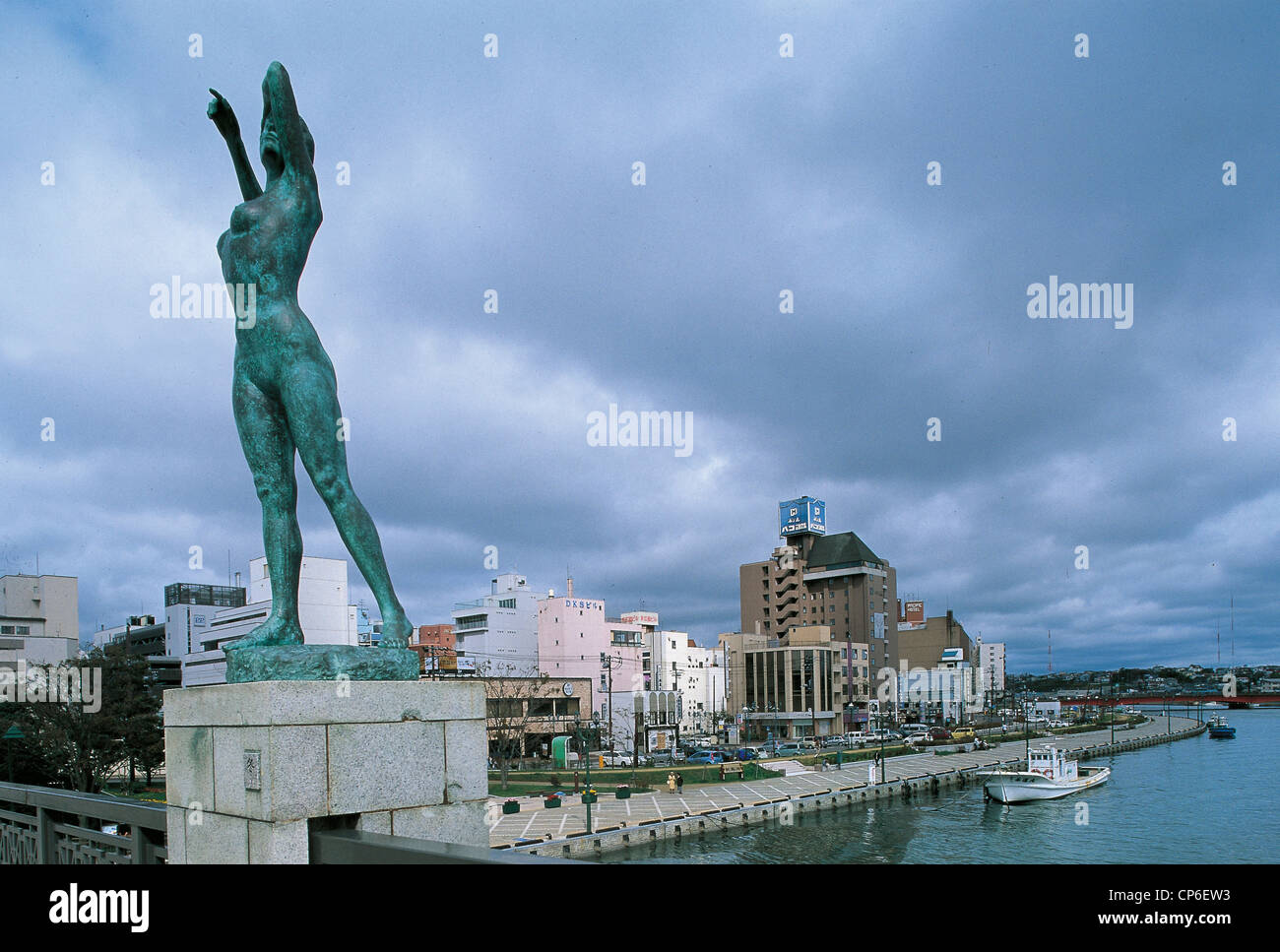 Japan - Hokkaido. Kushiro, the old River Kushiro. Statue on the bridge ...
