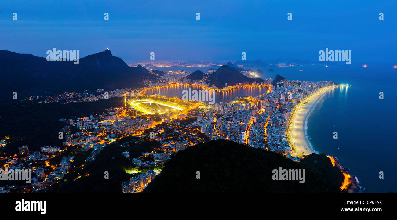 Rio de Janeiro south zone at night Ipanema and Leblon beaches statue of ...