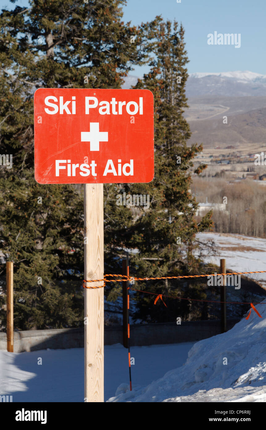 Ski Patrol and First Aid sign, Canyons Ski Resort, Park City, Utah, USA ...