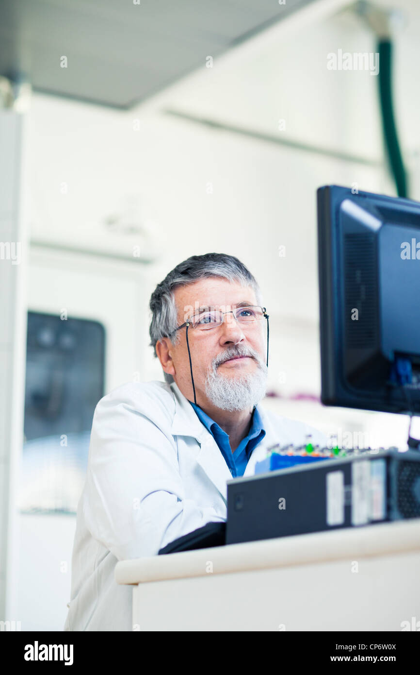 Senior researcher using a computer in the lab while working on an ...