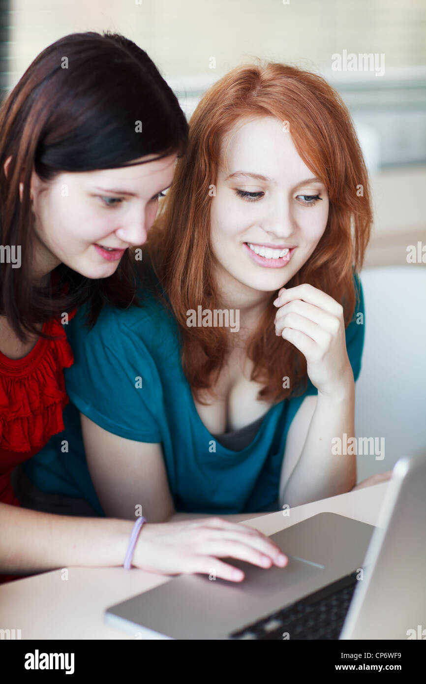 Two female college students working on a laptop computer during class ...