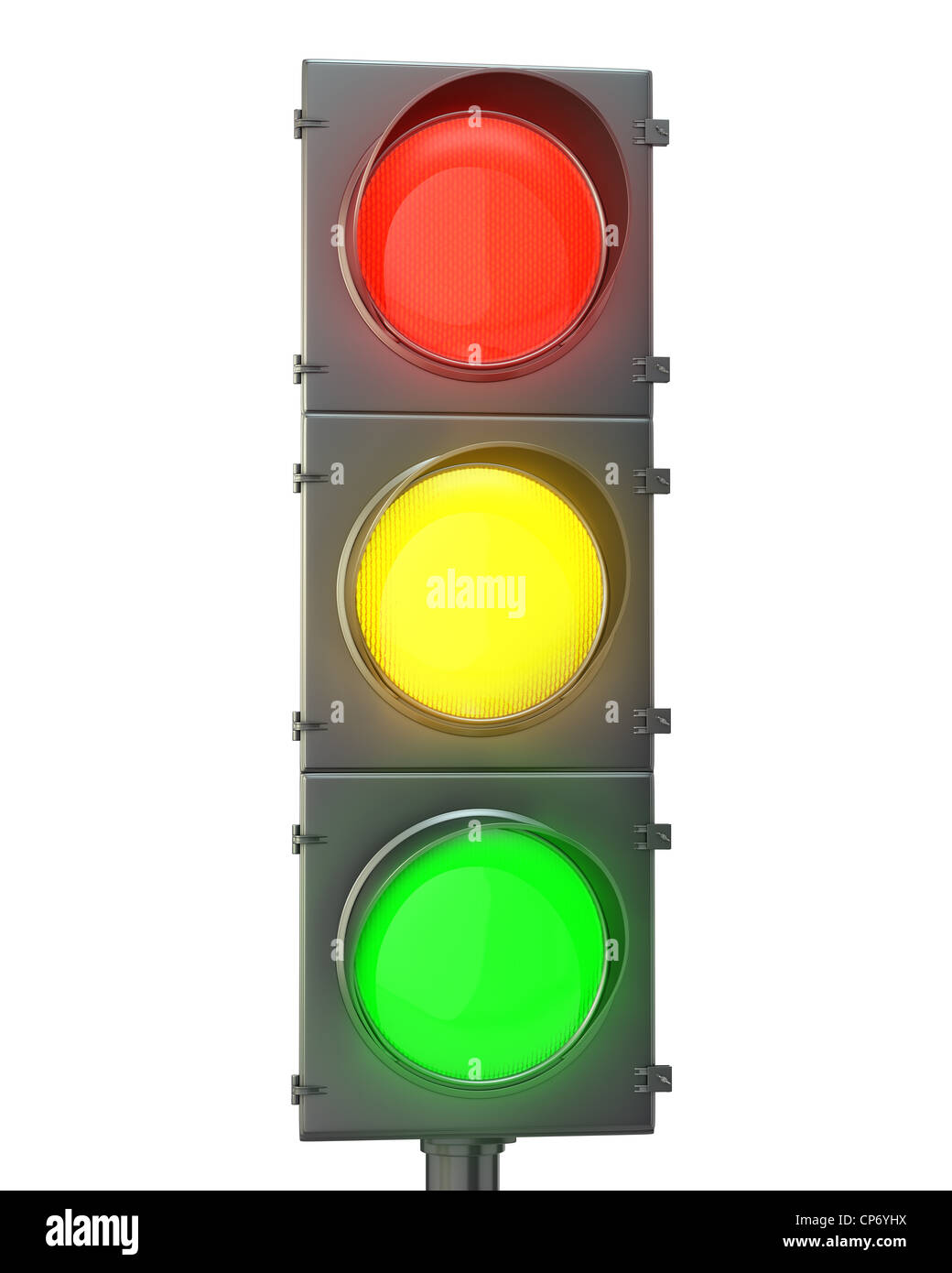 Traffic light with red, yellow and green lights isolated on white ...