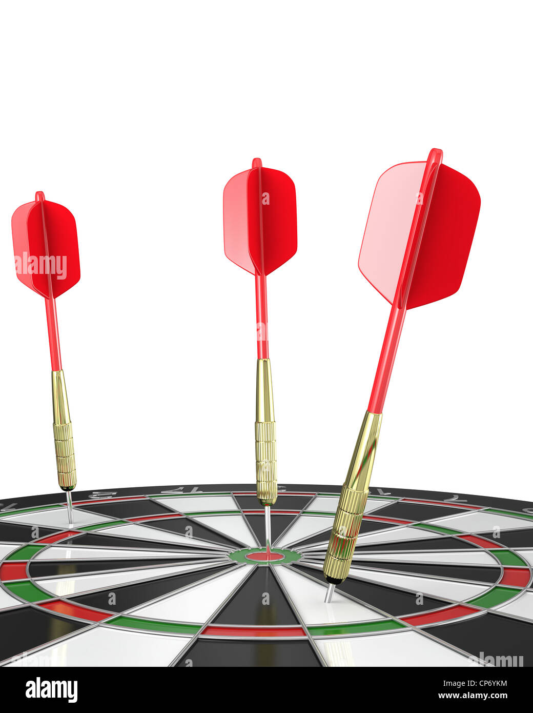 Three darts stuck in a board, top view, isolated on white background ...