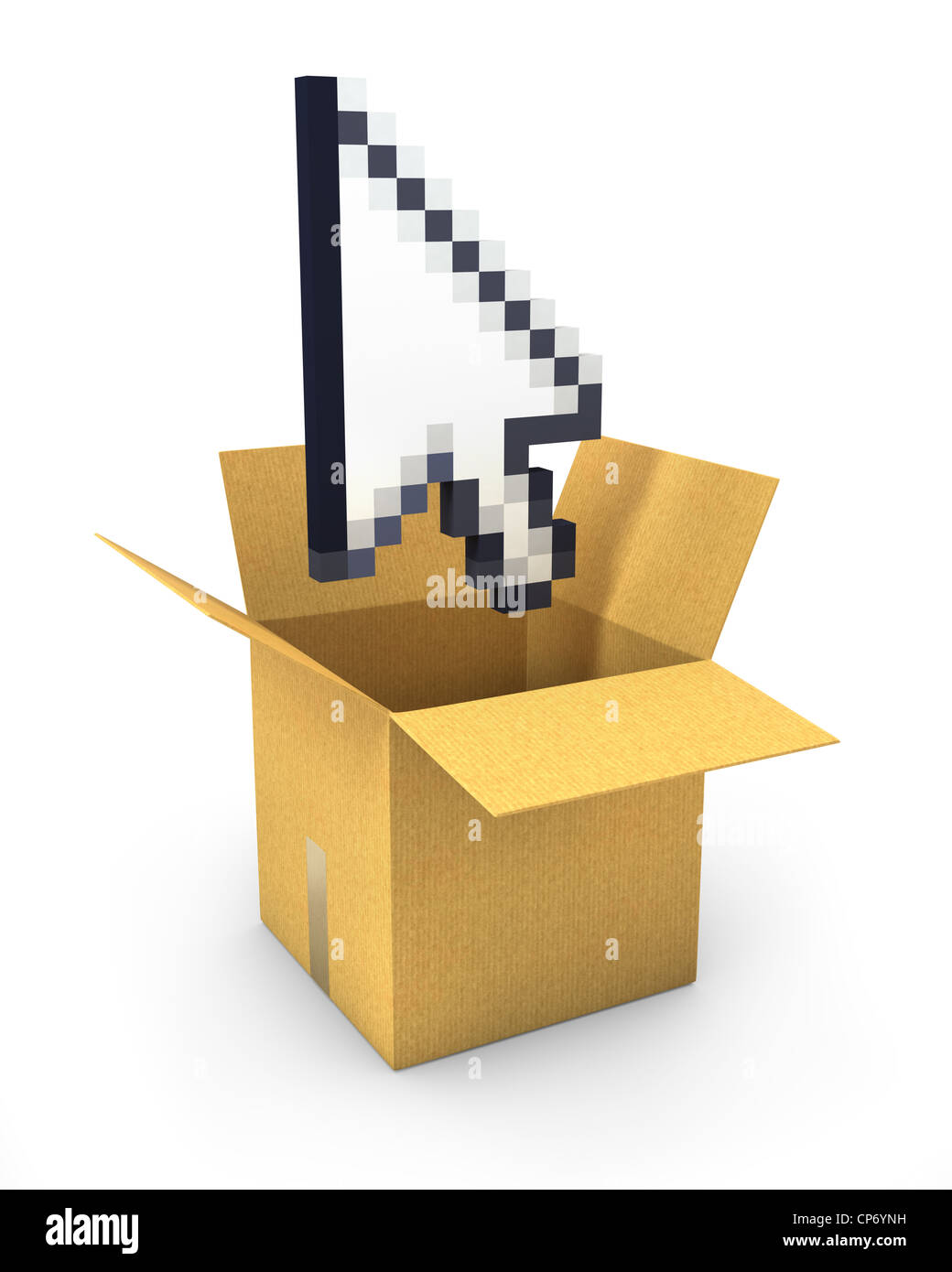 Pixel arrow cursor flies out of a carton box, isolated on white ...