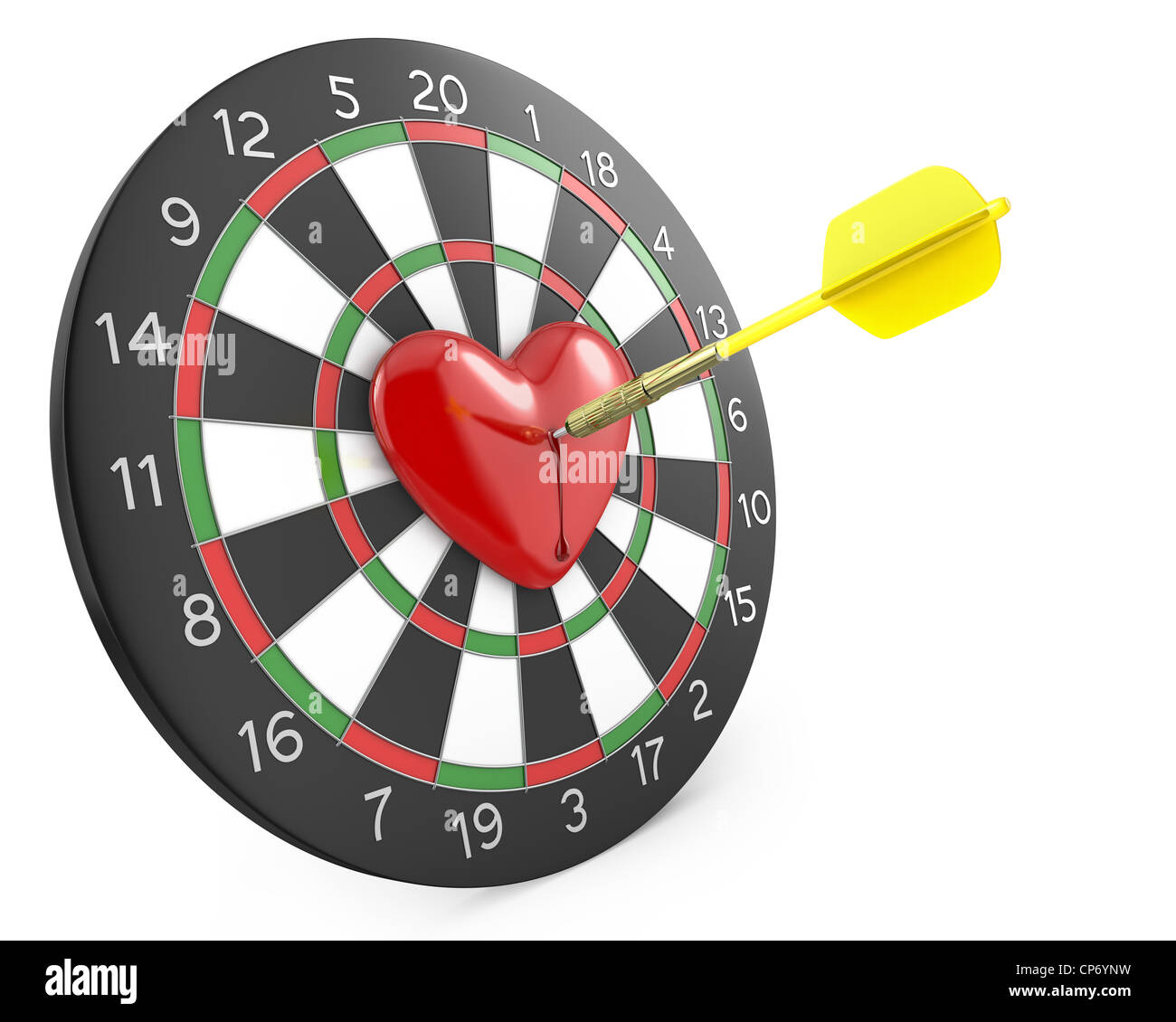 Dart hit the heart in the center of datrboad, isolated on white ...