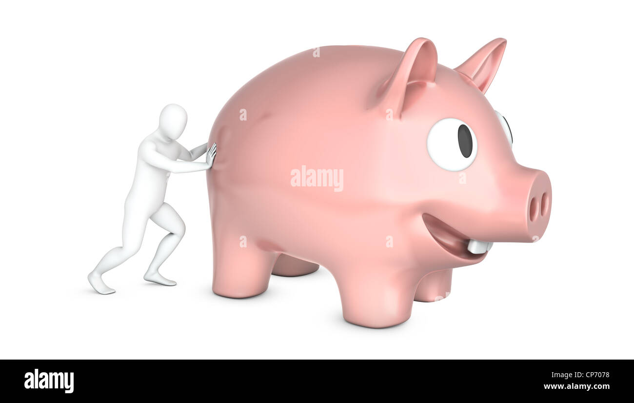 Abstract white man holds pushes giant piggy bank, isolated on white ...