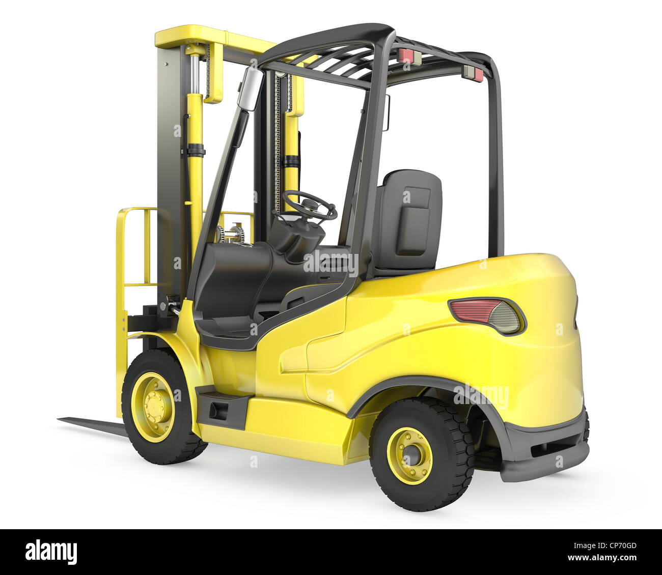 Yellow fork lift truck, rear view, isolated on white background Stock ...