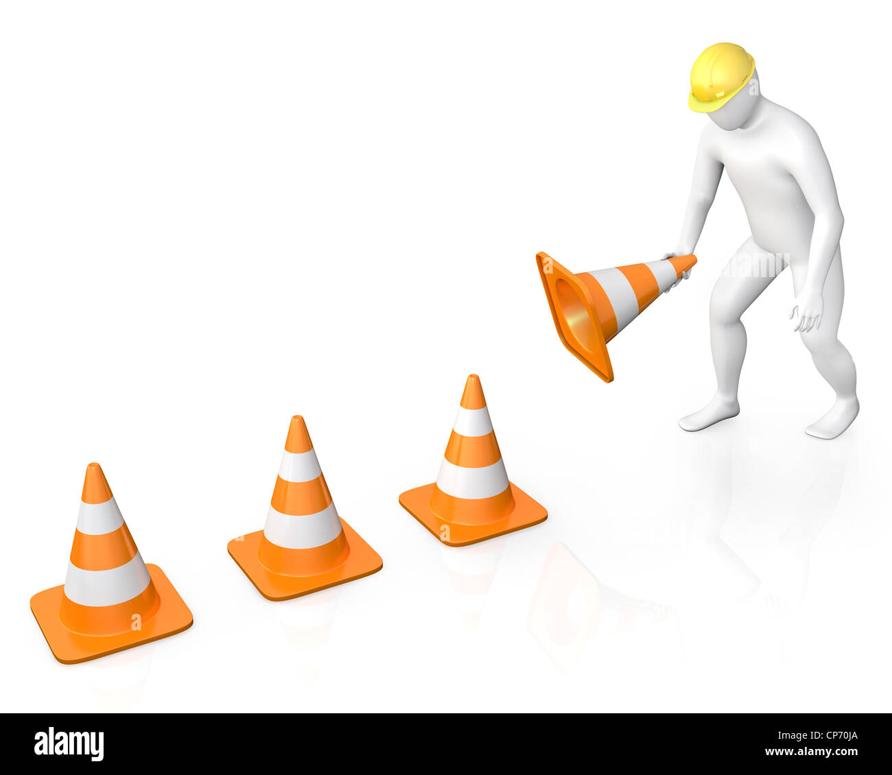 Abstract white guy places road cones, isolated on white background ...