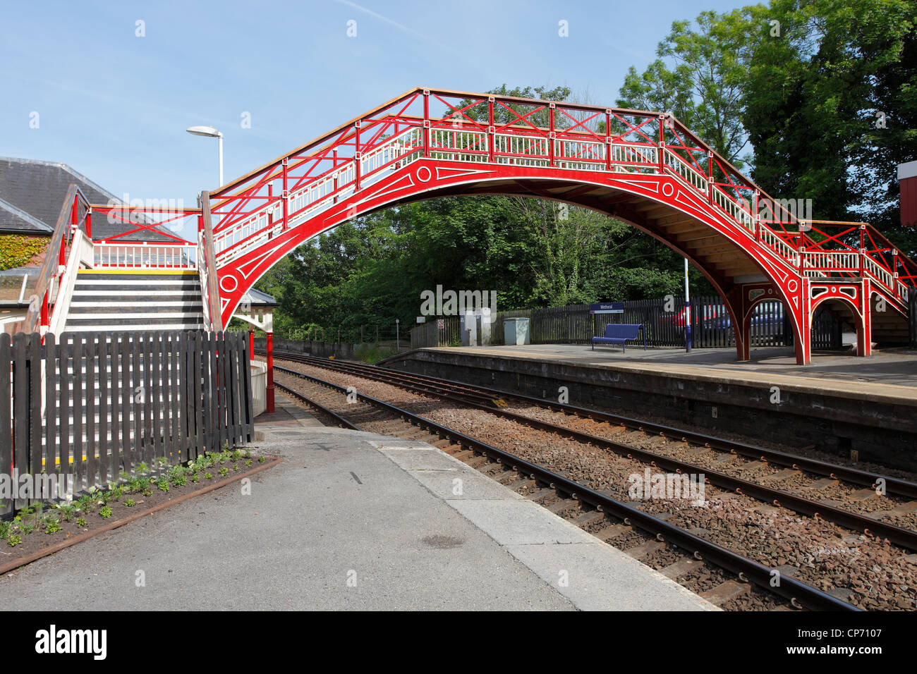 Foot bridge over the railway tracks looking west at Wetheral Station in ...