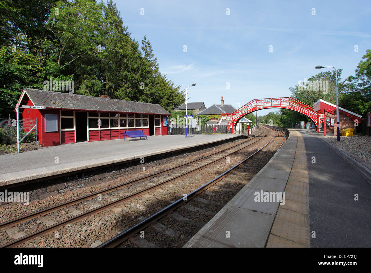 Foot bridge over the railway tracks looking east at Wetheral Station in ...