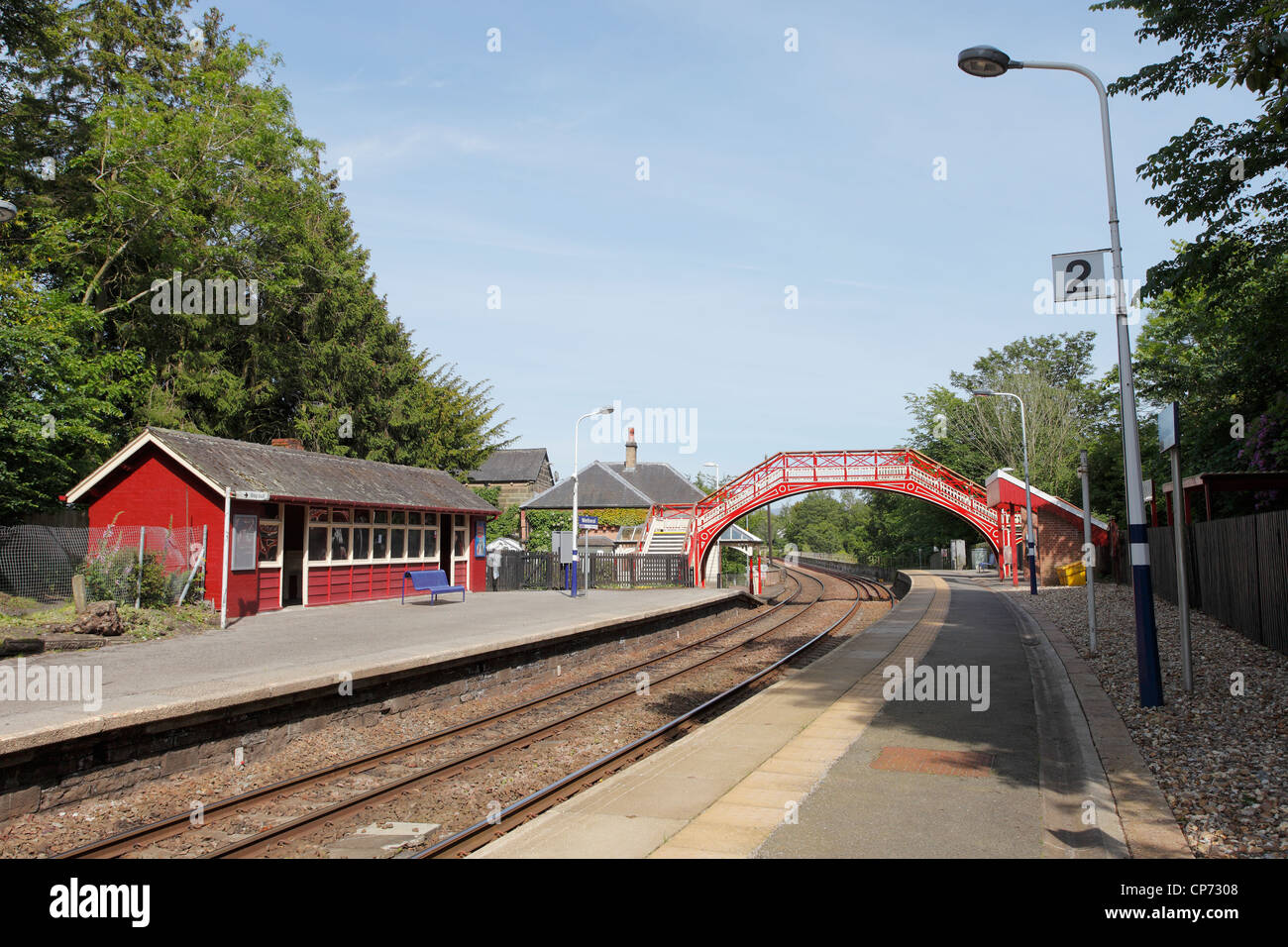 Foot bridge over the railway tracks looking east at Wetheral Station in ...