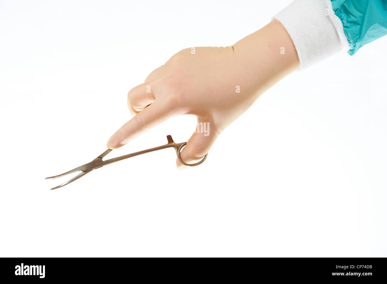 Surgical instrument (curved pean, haemostatic forceps) held by surgeons ...