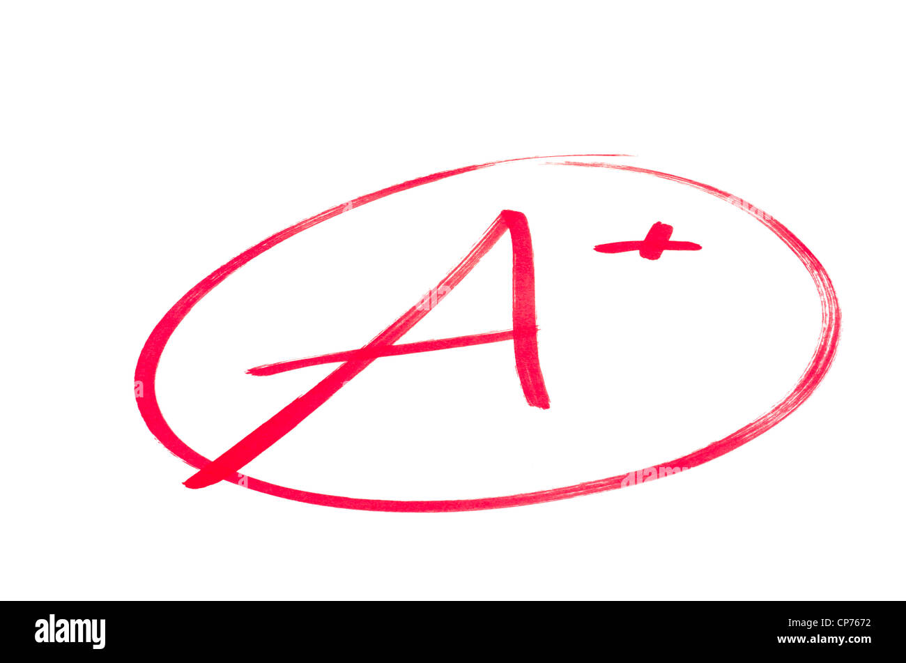 A handwritten grade for an excellent achievements in red ink. Isolated ...