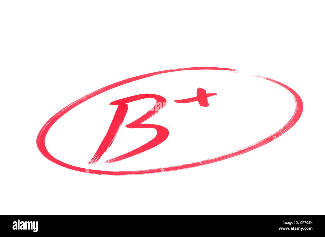 A handwritten grade B plus for good achievements in red ink. Isolated ...