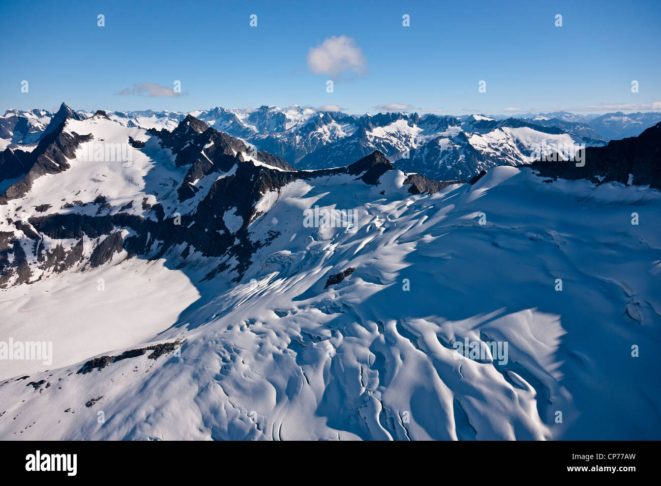 Aerial view of mountains and glaciers in the Coastal Mountain Range ...