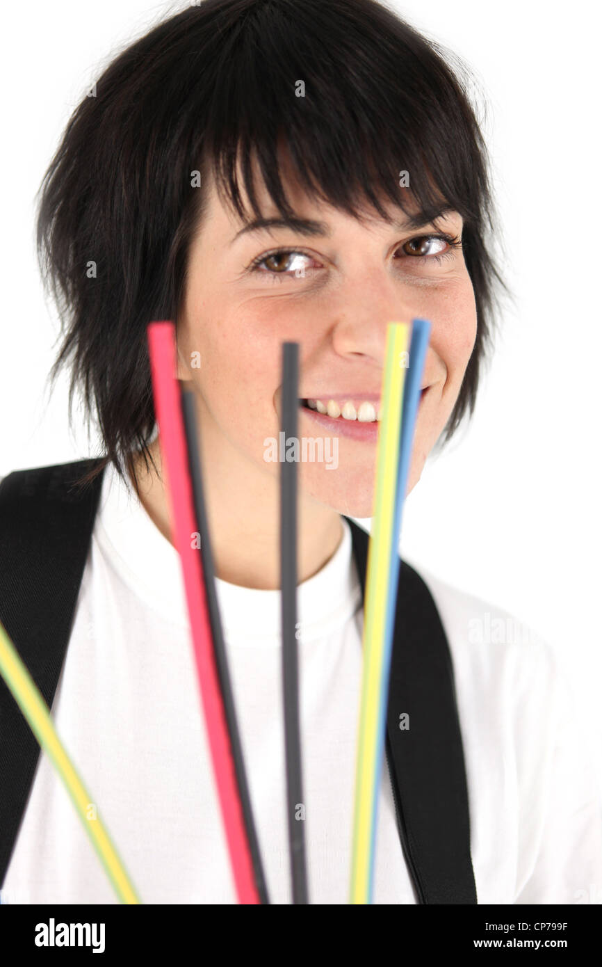 Female electrical worker stood with wires Stock Photo - Alamy
