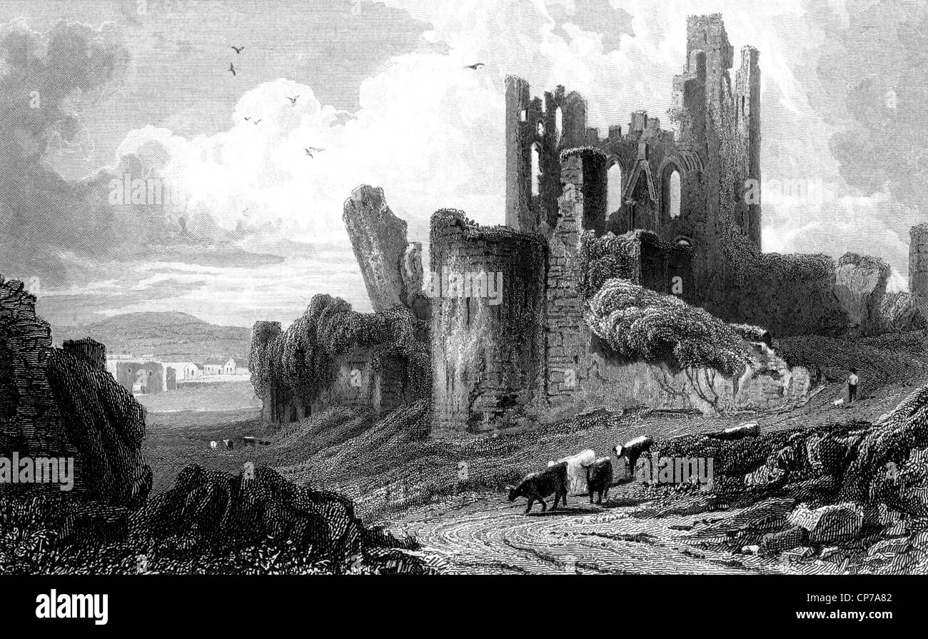 Black and white engraving of Caerphilly Castle, Glamorganshire, Wales ...