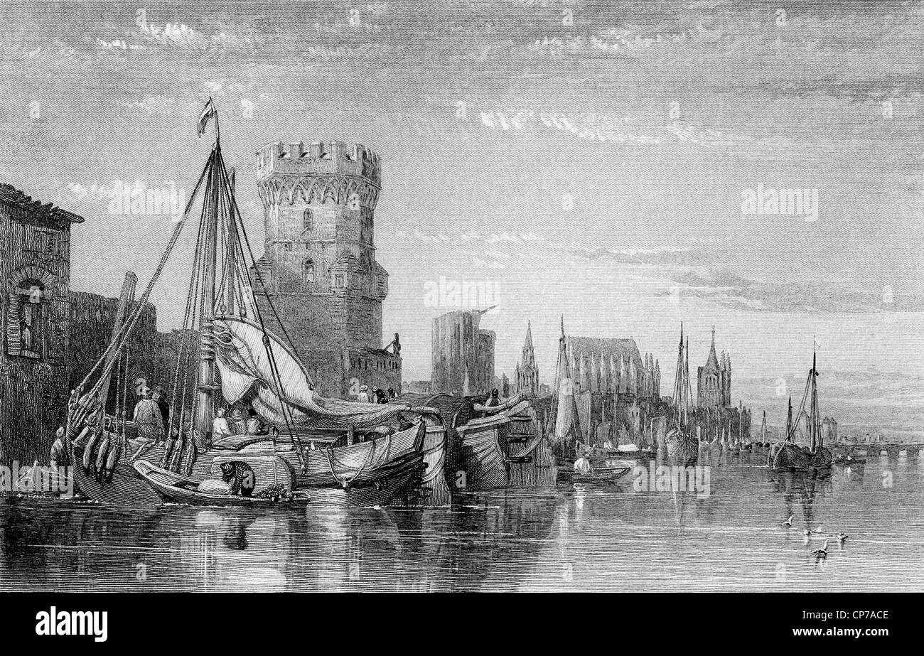 Engraving of medieval city of Cologne waterfront on river Rhine ...