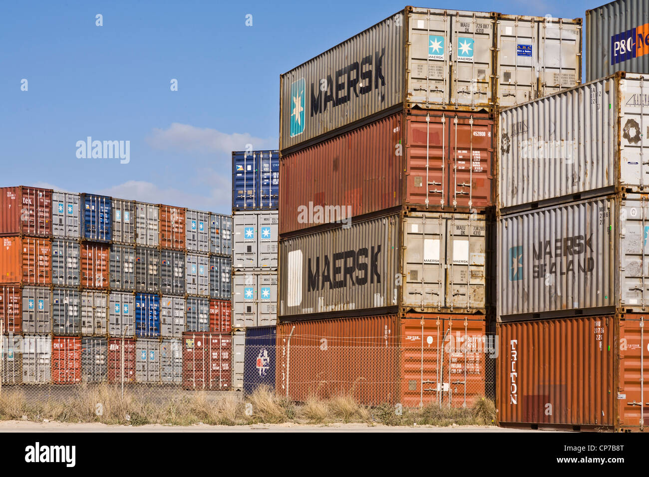Stack of shipping containers including "Maersk", in Fremantle Port ...