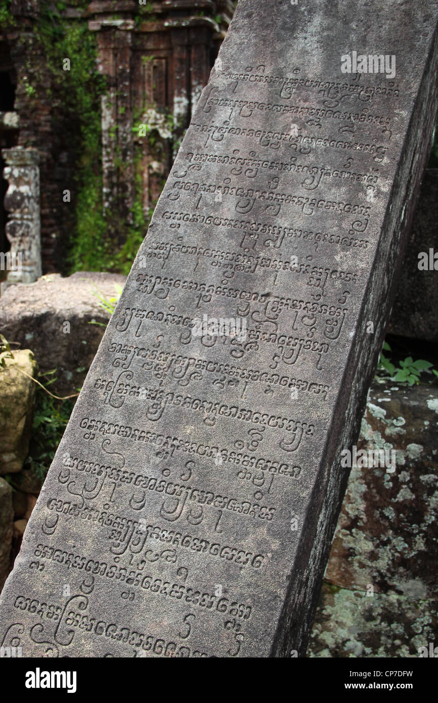 Stella with ancient inscriptions at Mỹ Sơn archaeological Hindu site in ...