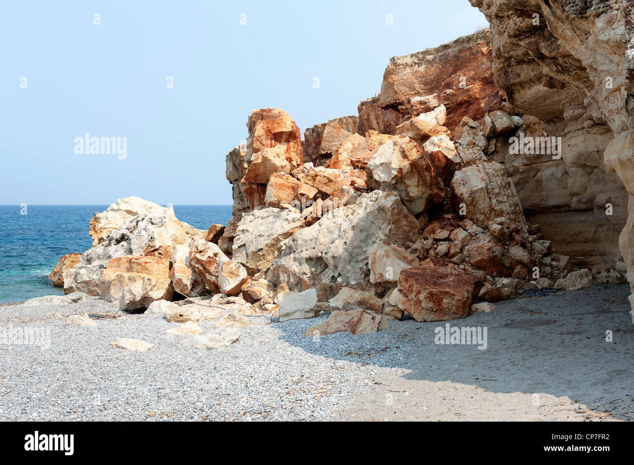 Earthquake induced overhanging cliff face collapse, Crete Greece Stock ...