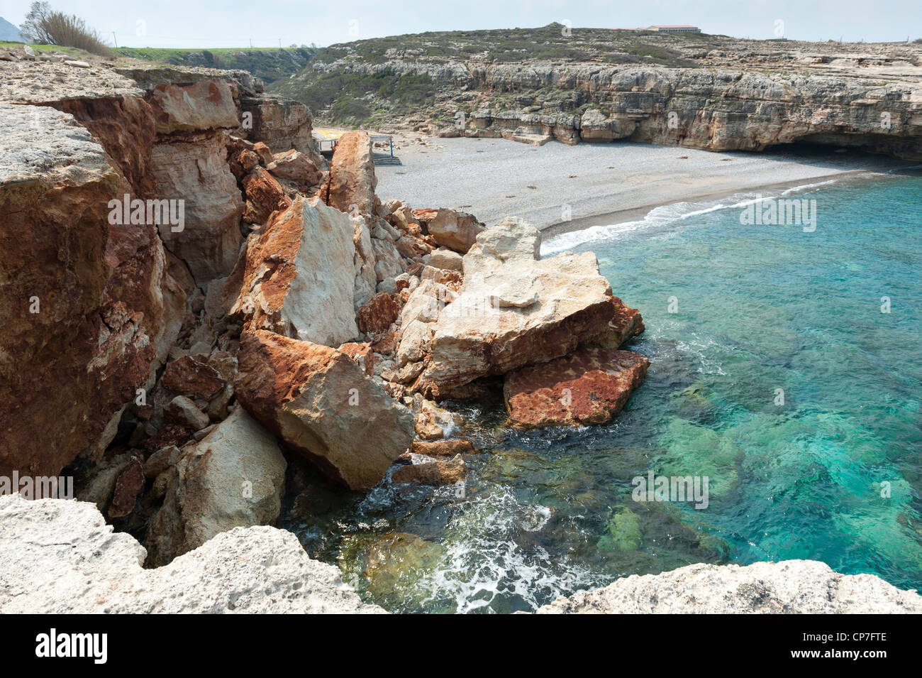 Earthquake induced overhanging cliff face collapse, Crete Greece Stock ...