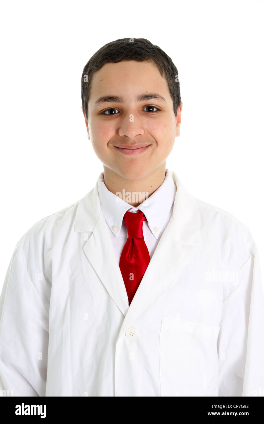 Teen Boy Dressed in a Lab Coat on White Background Stock Photo - Alamy