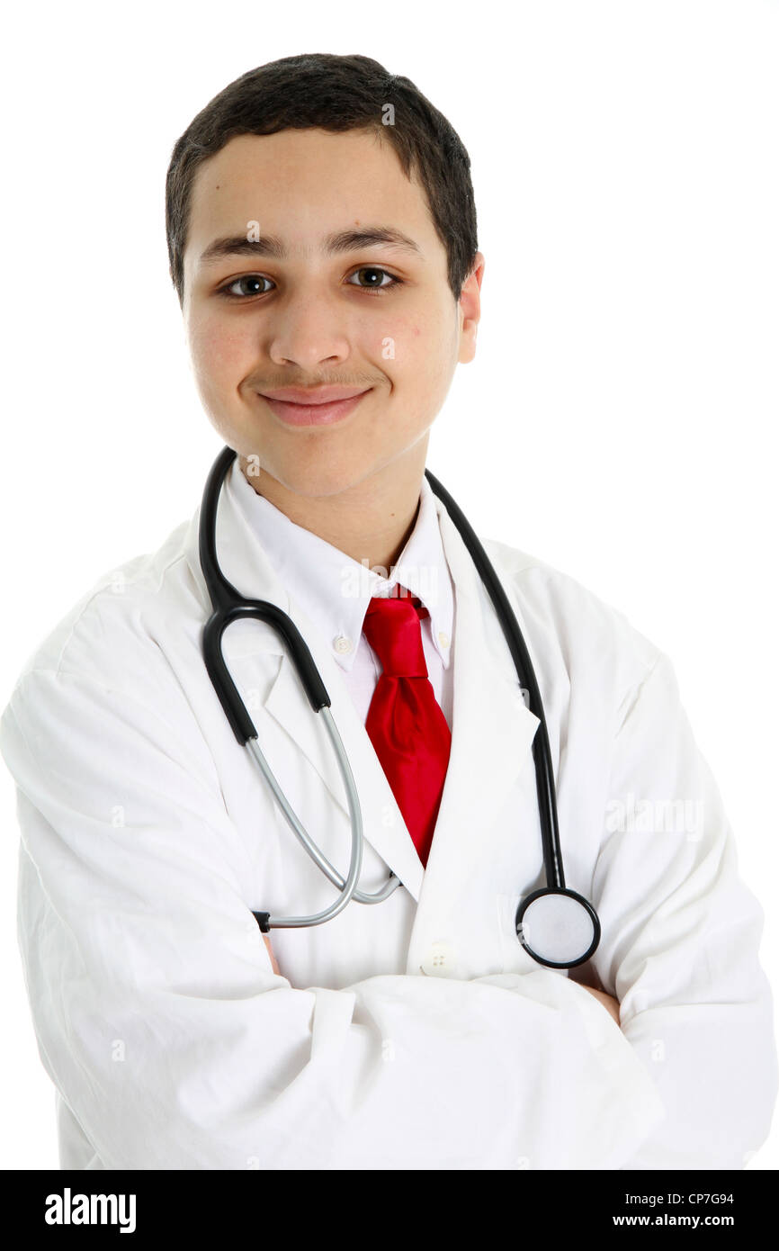 Teen Boy Dressed in a Lab Coat on White Background Stock Photo - Alamy