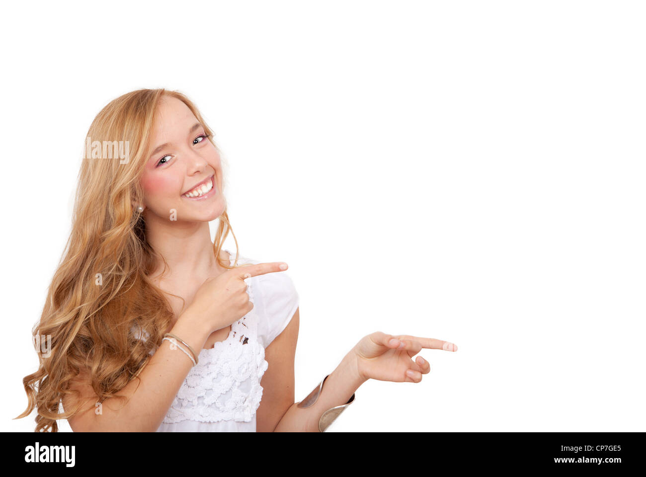 happy smiling young woman pointing Stock Photo - Alamy