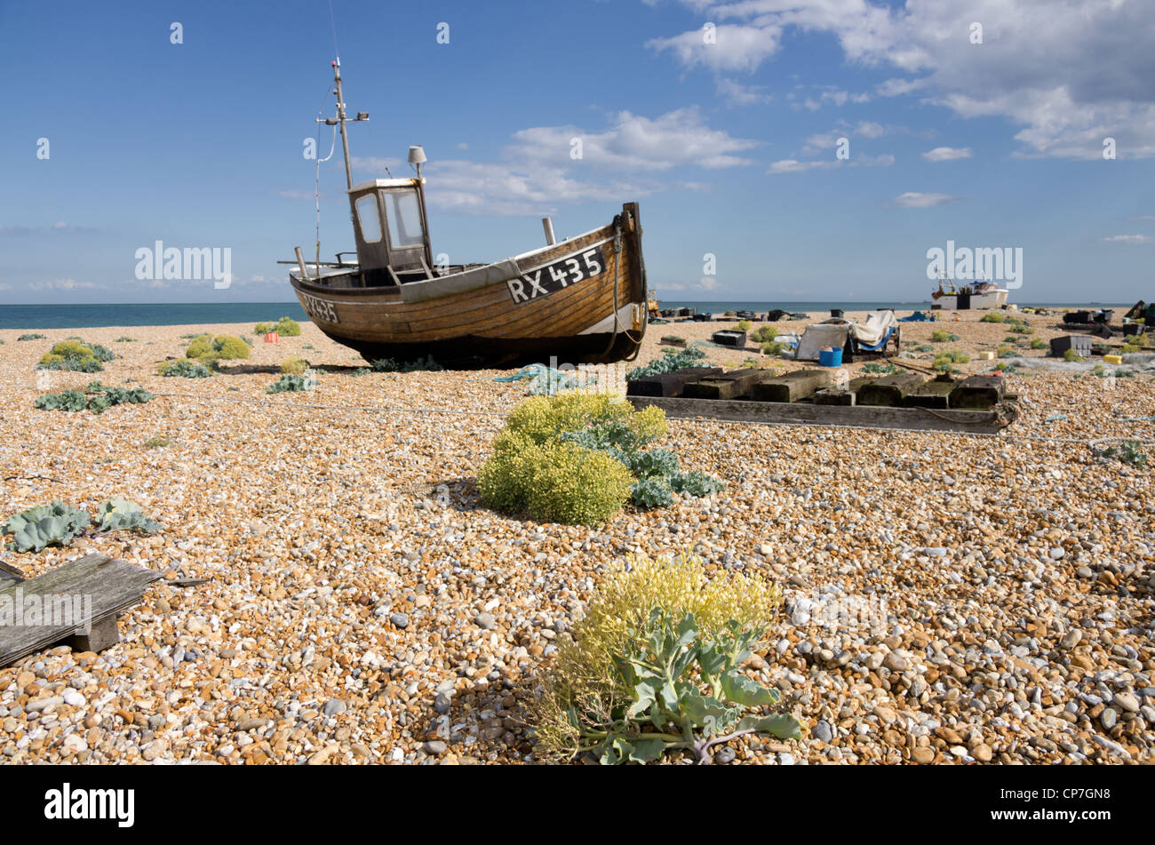 Boats on Dungeness Kent coast UK shingle beach, with plants in the ...