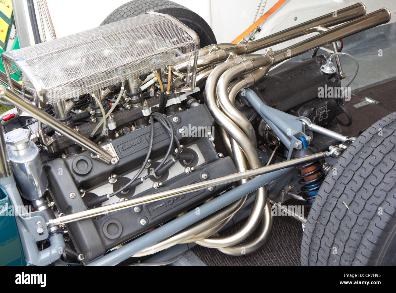 Vintage race car engine of Cooper FI from 1965 on display at Grand Prix ...