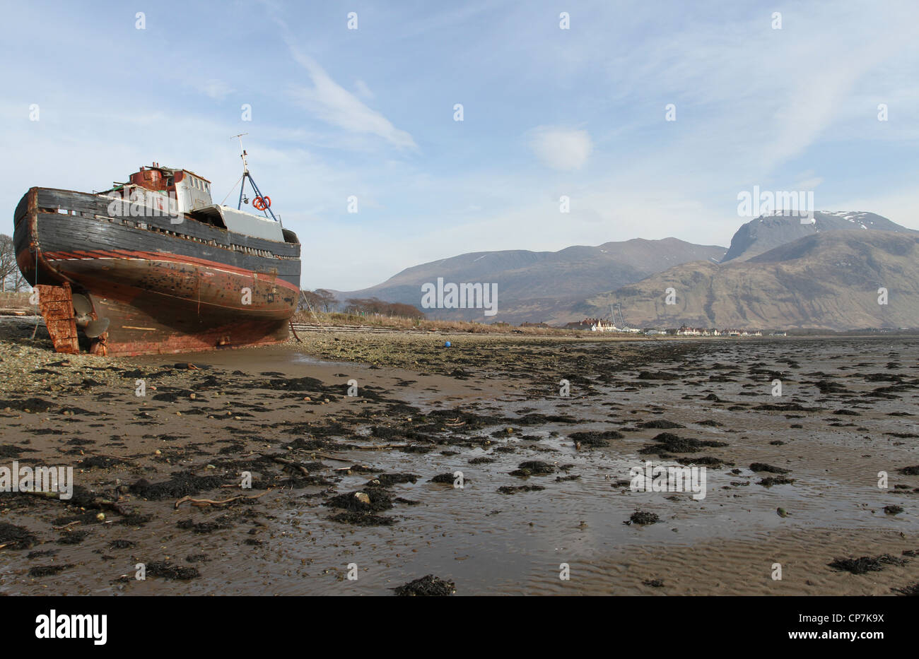 Ben Nevis and old ship at low tide Scotland March 2012 Stock Photo - Alamy