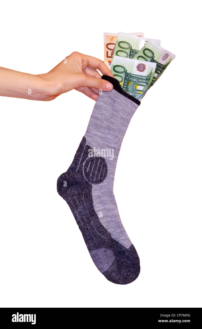 Sock full of money on white background Stock Photo - Alamy