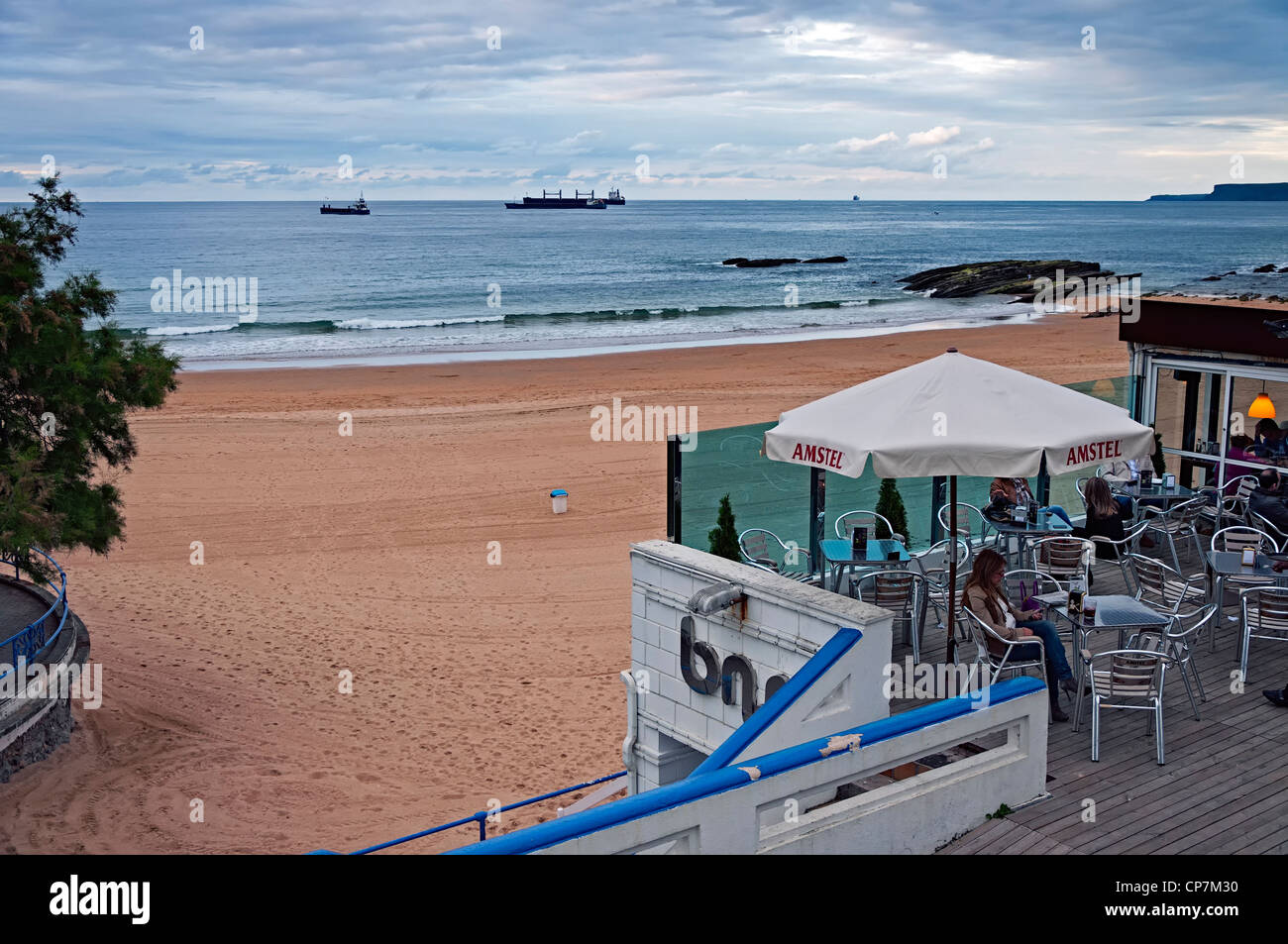 Terrace of a bar on the beach of Sardinero, Santander city, Cantabria ...