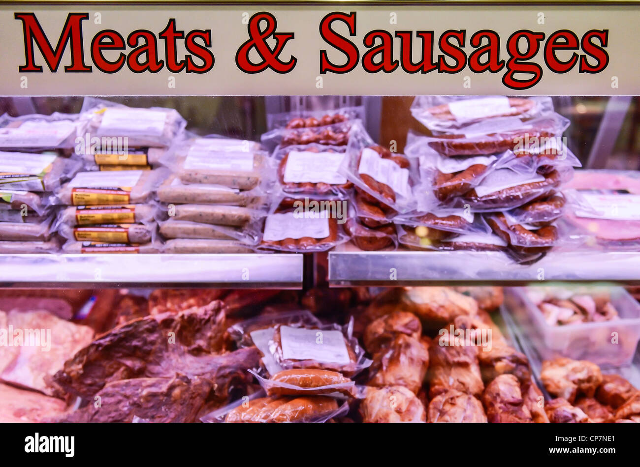 Meat and sausage display Stock Photo - Alamy