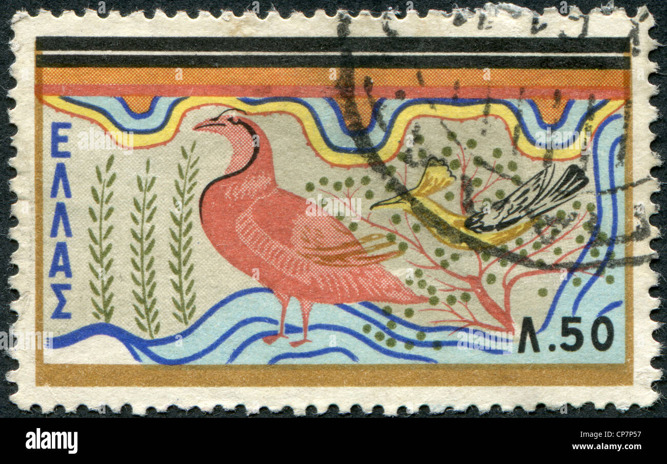 Postage stamps printed in Greece, shows Minoan Art: Partridge and Fig ...