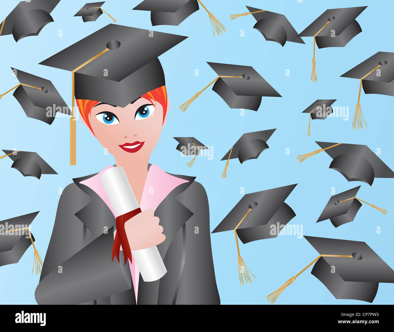 Female with Graduation Gown Cap and Diploma Illustration Stock Photo ...