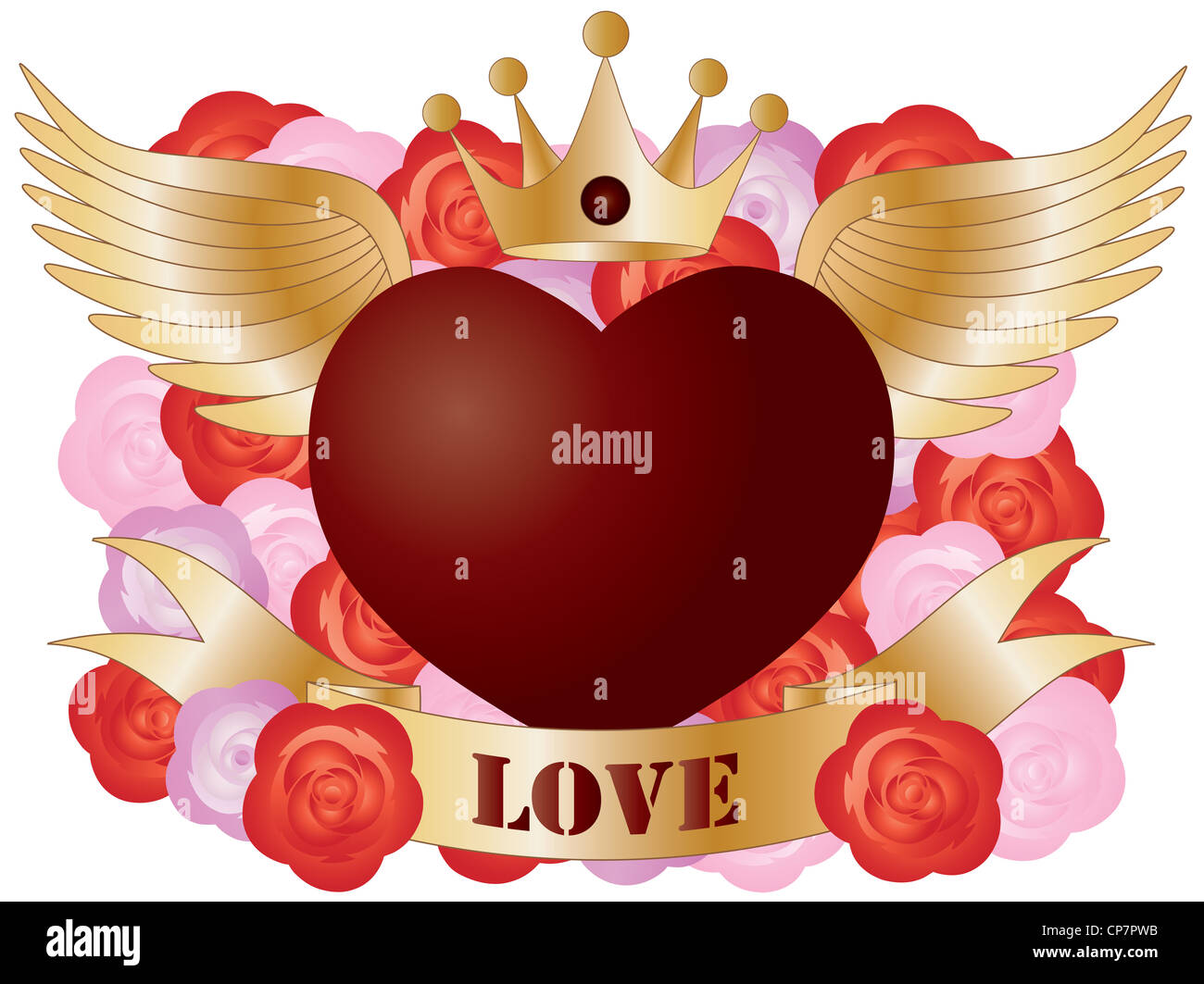 Flying Red Heart with Banner and Roses Illustration Stock Photo - Alamy