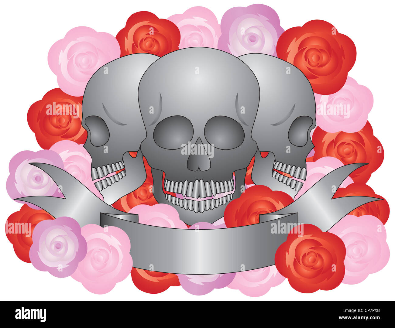 Three Skulls with Banner and Roses Illustration Stock Photo - Alamy