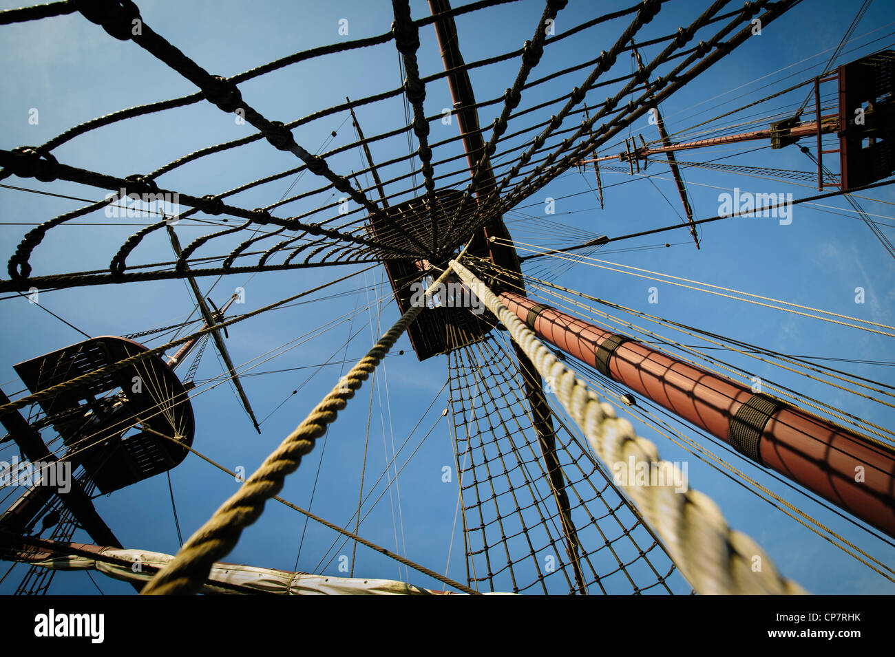 Three masts on tall merchant ship with ropes and ladders Stock Photo ...