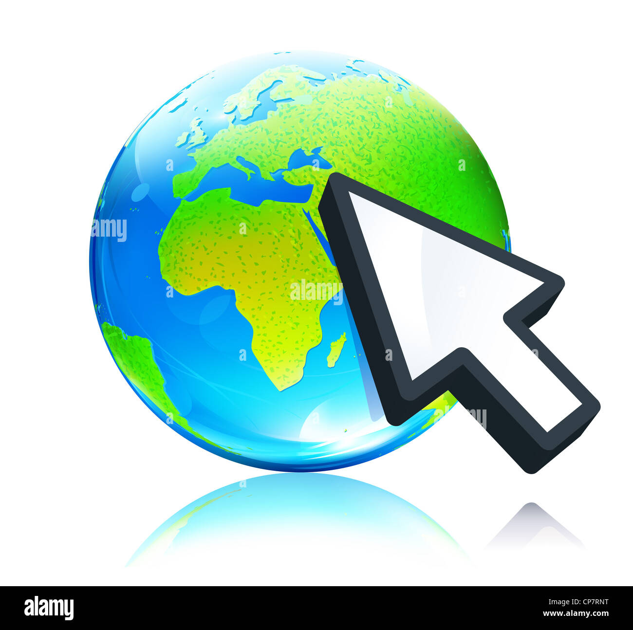 illustration of cursor mouse hand pointing to glossy earth map globe ...