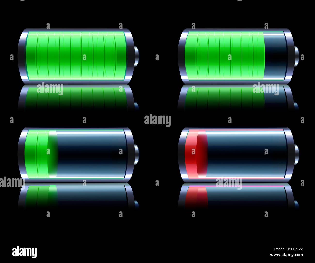 illustration of four detailed glossy battery level indicator icons on ...